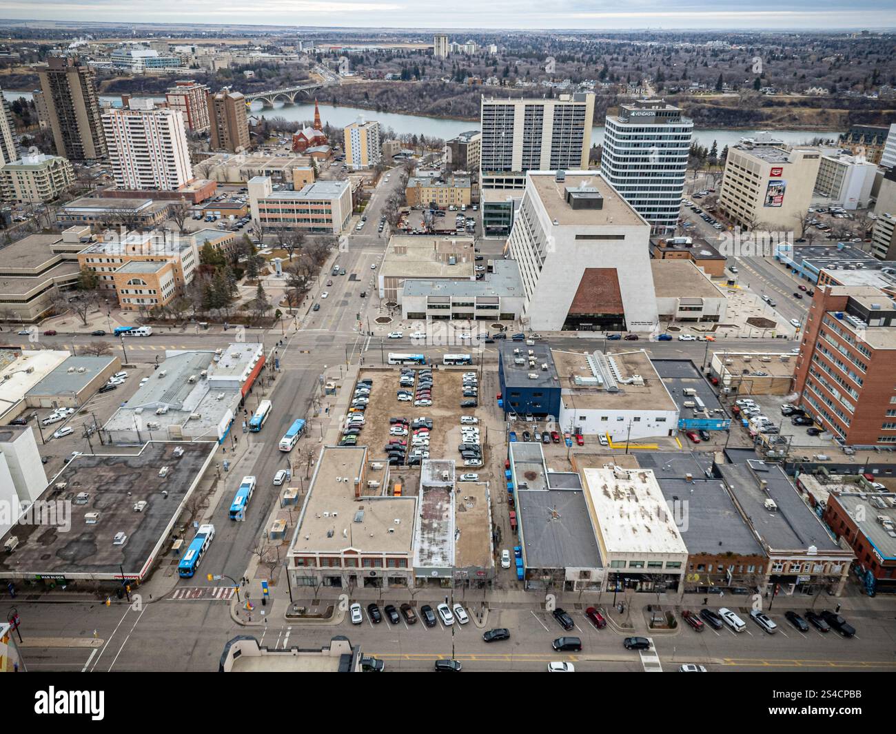 A stunning aerial drone view of downtown Saskatoon, showcasing the city ...