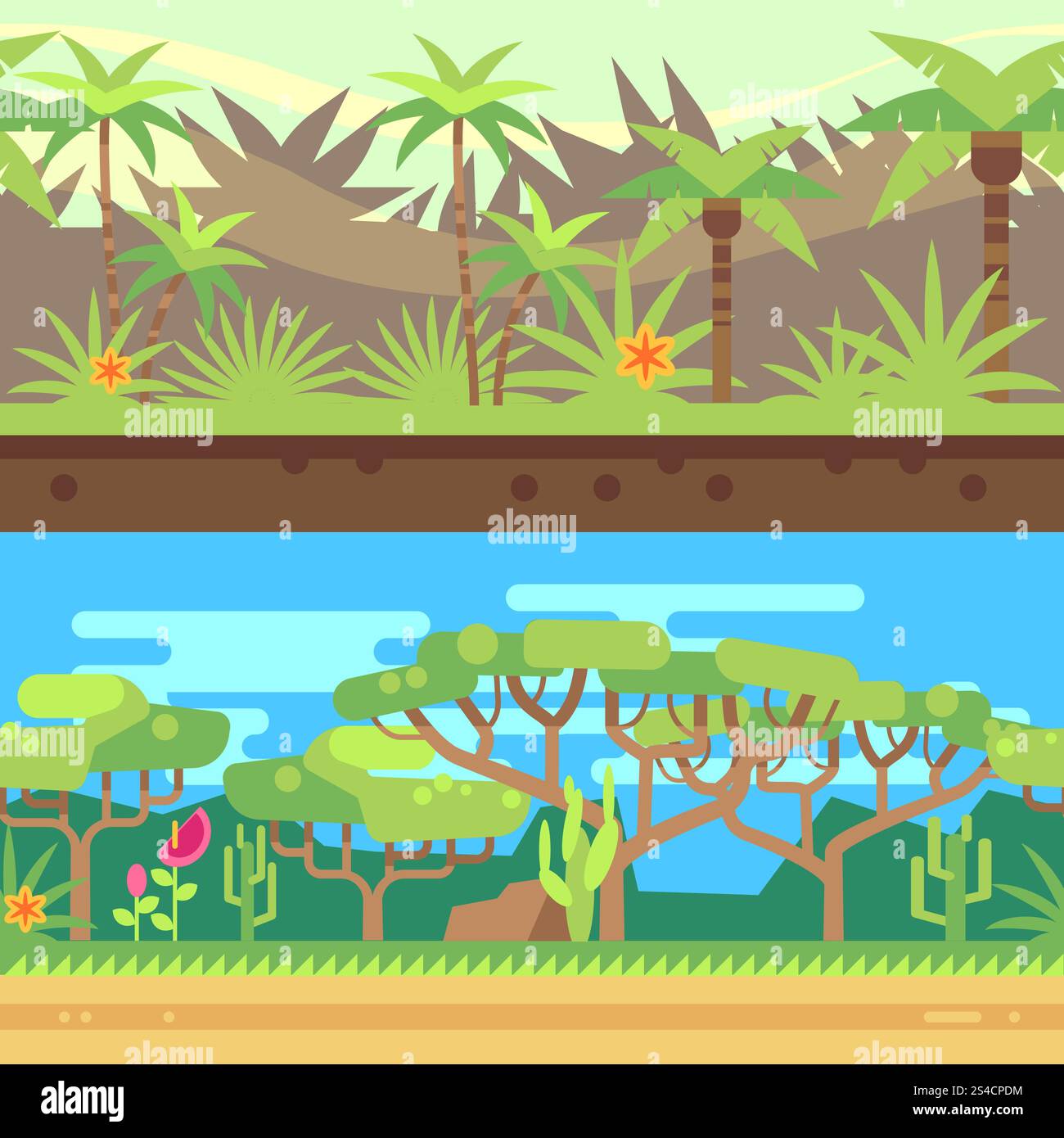 Horizontal seamless tropical forest jungle background in cartoon flat style. Vector illustration ...