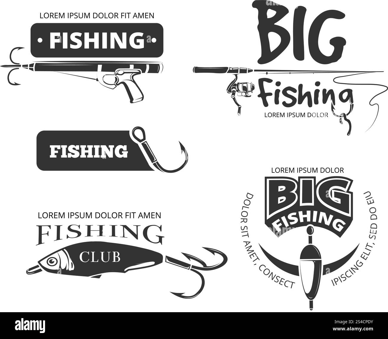 Retro fishing club vector badges, labels, logos, emblems. Retro fishing ...