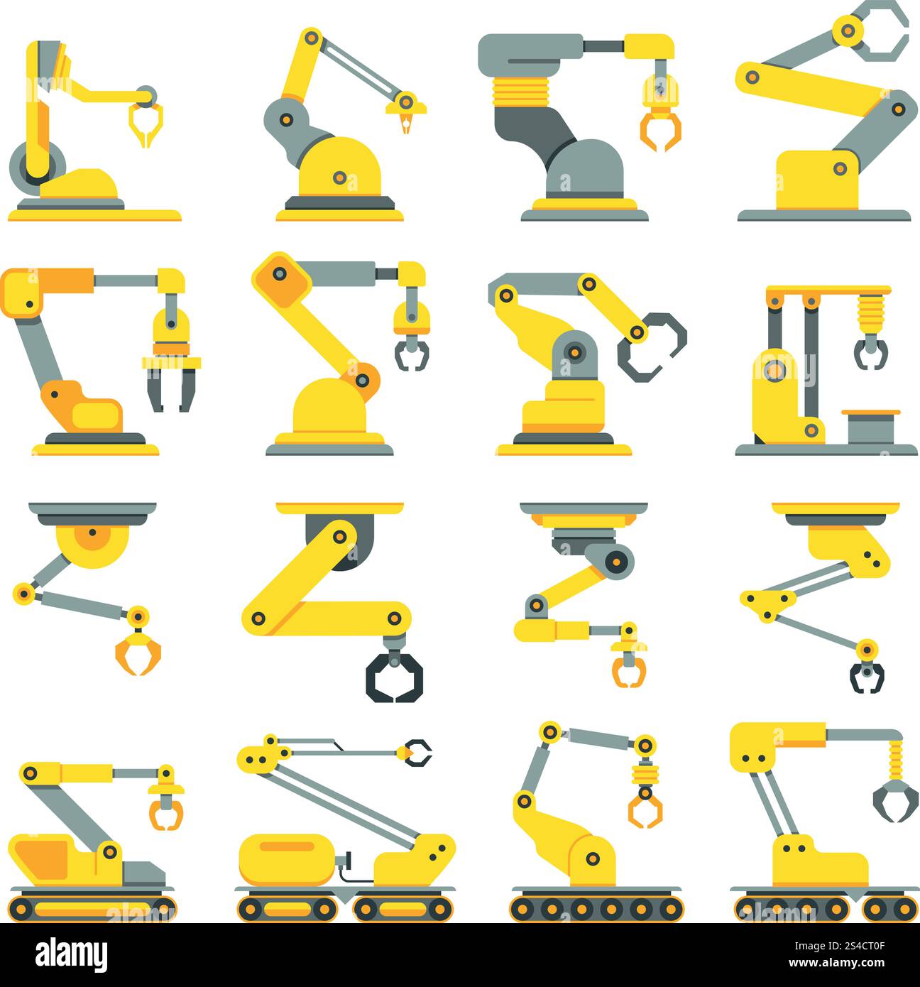 Robotic arm, hand, industrial robot flat vector icons set. Robotic arm, hand, industrial robot ...