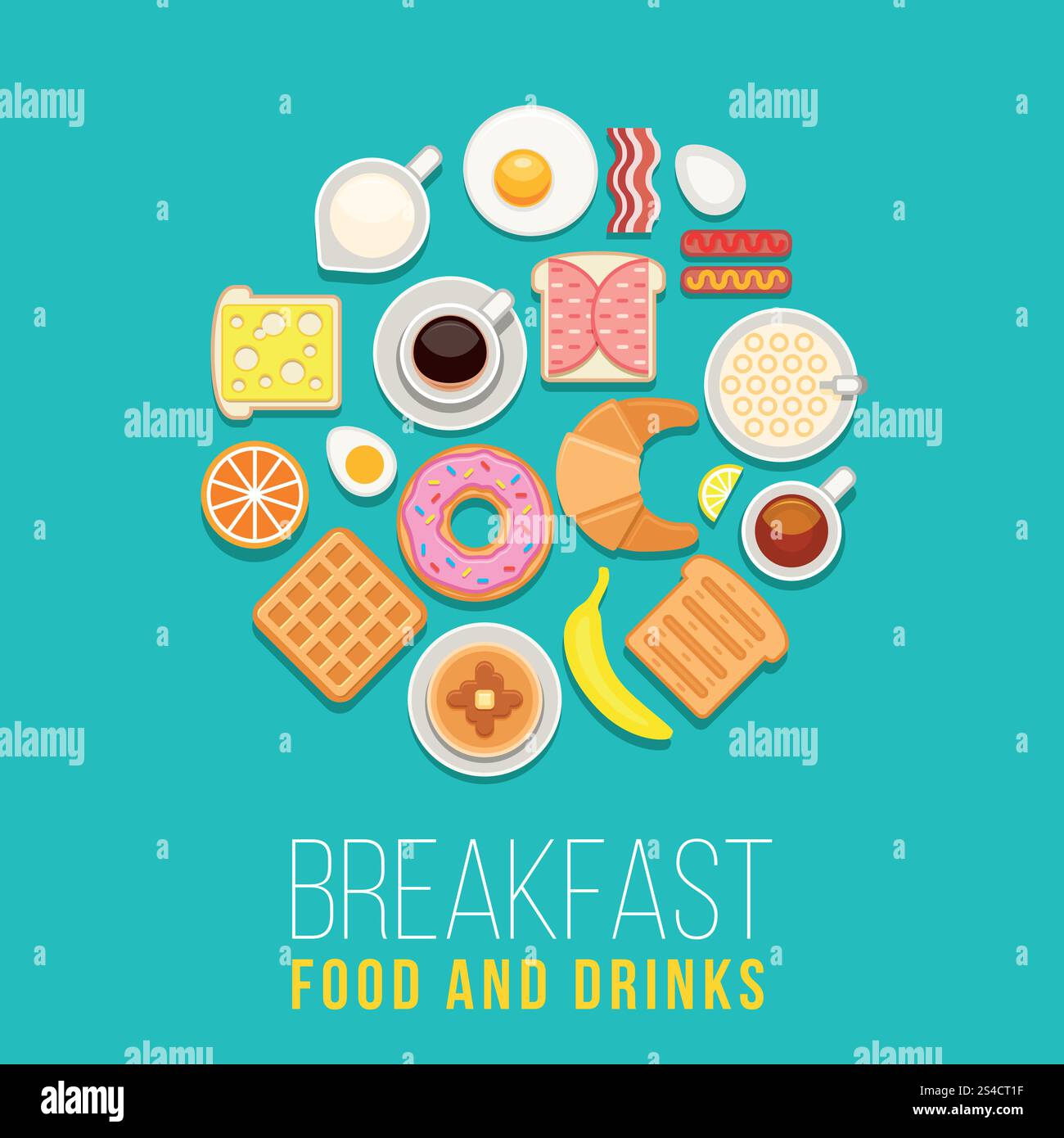 Vector breakfast concept food and drinks with flat icons in circle ...