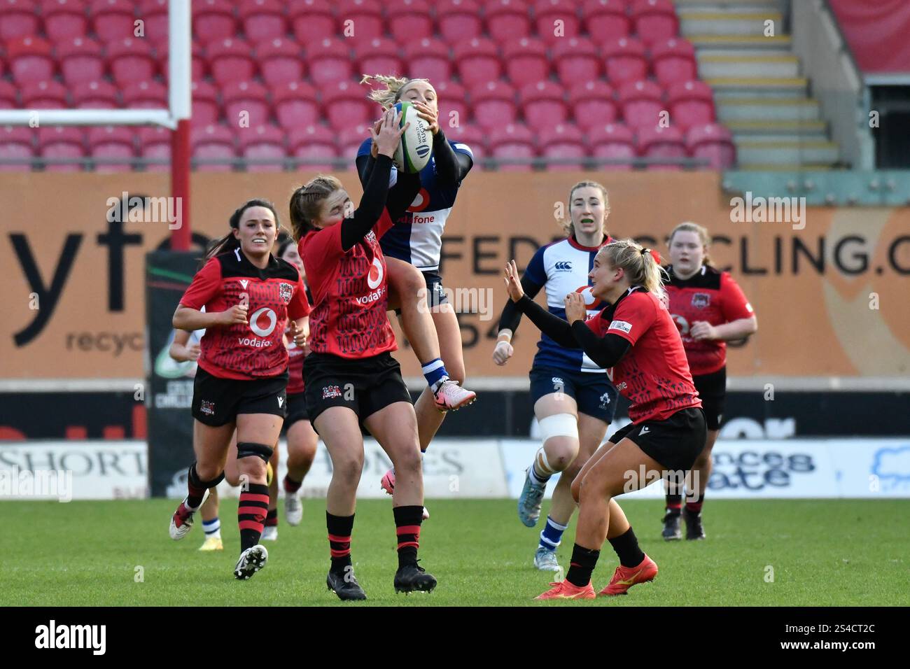 Llanelli, Wales. 11 January 2025. Stacey Flood of Wolfhounds jumps ...
