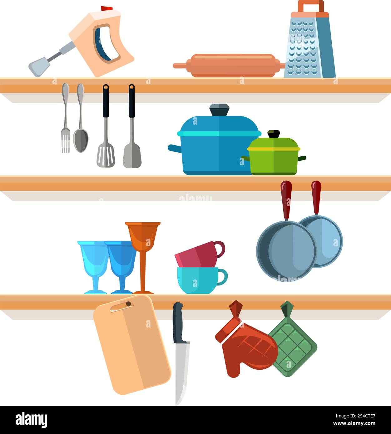 Kitchen shelves with cooking tools and hanging pots vector illustration ...