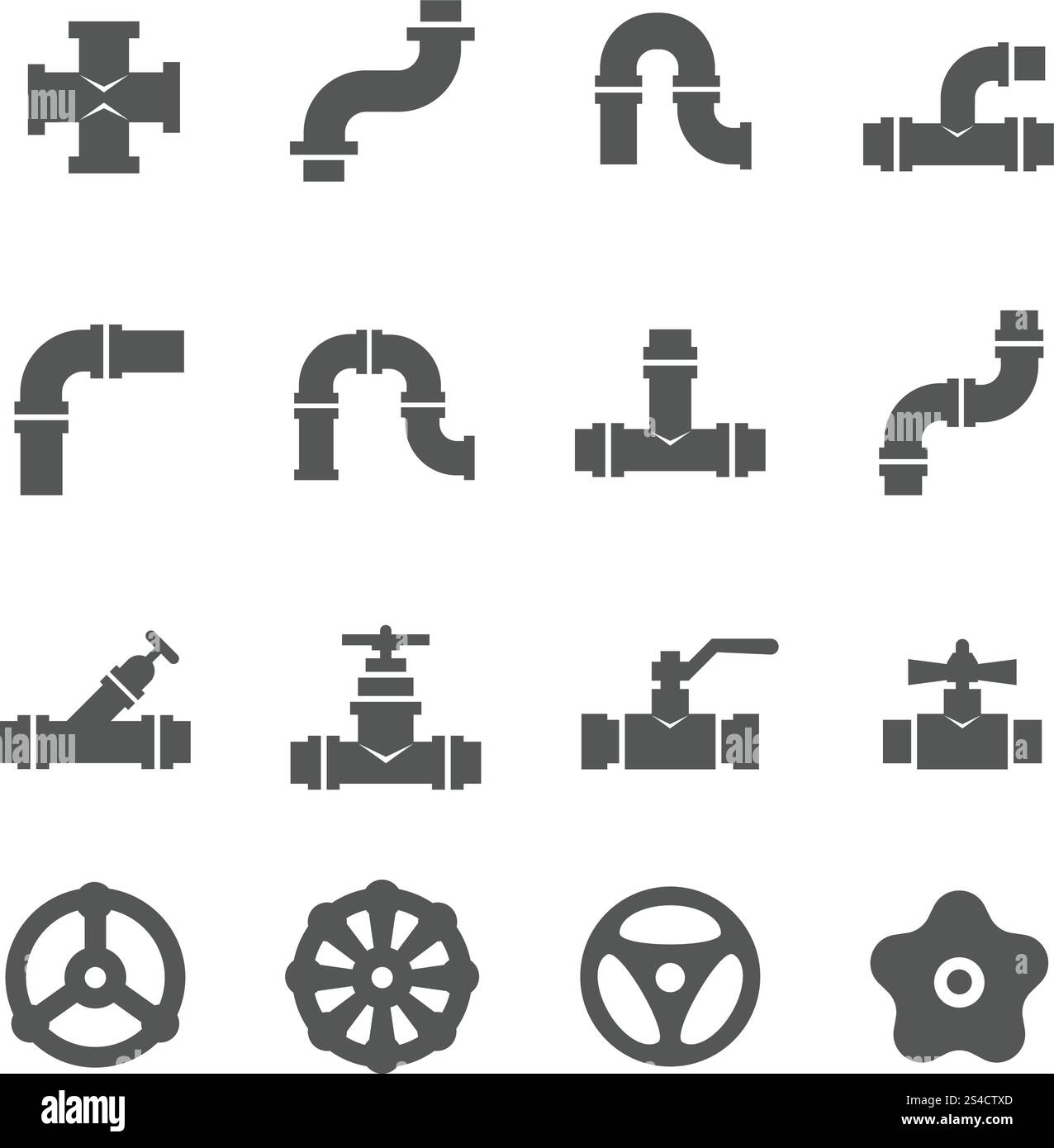 Valve, taps, pipe connectors, details vector icons set. Valve, taps ...