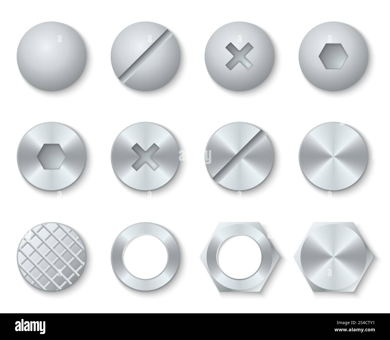 Steel screws, nuts, bolts, rivets heads vector set. Steel screws, nuts, bolts, rivets heads ...
