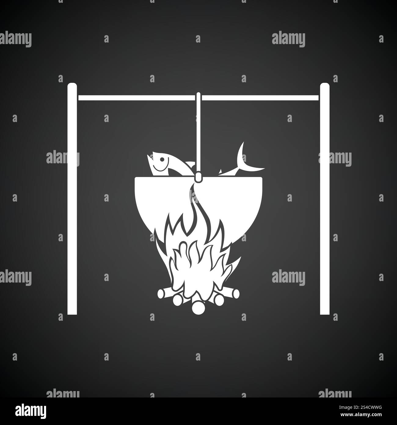 Icon of fire and fishing pot. Black background with white. Vector ...