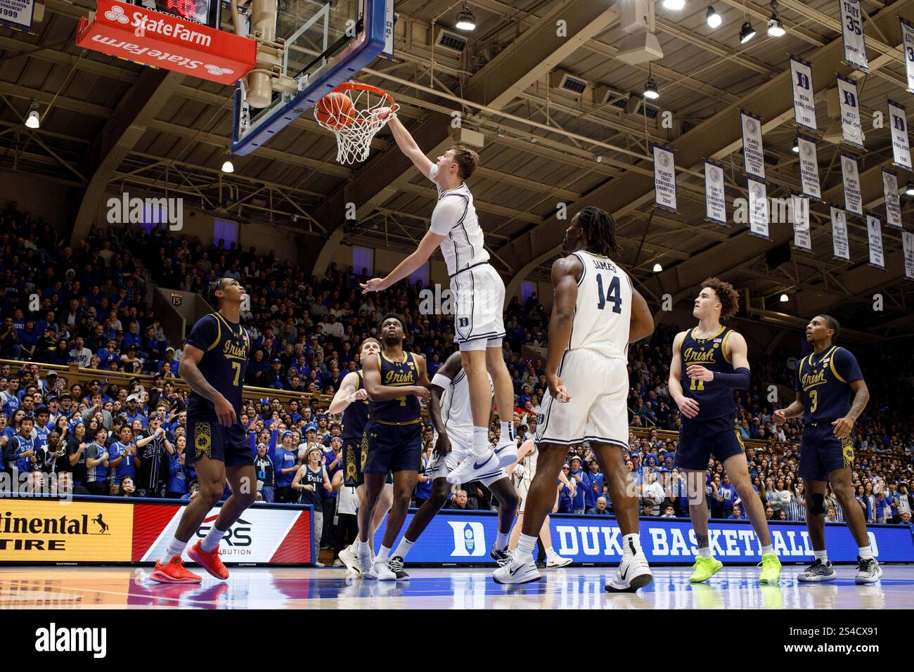 Duke's Cooper Flagg (2) dunks during the second half of an NCAA college ...