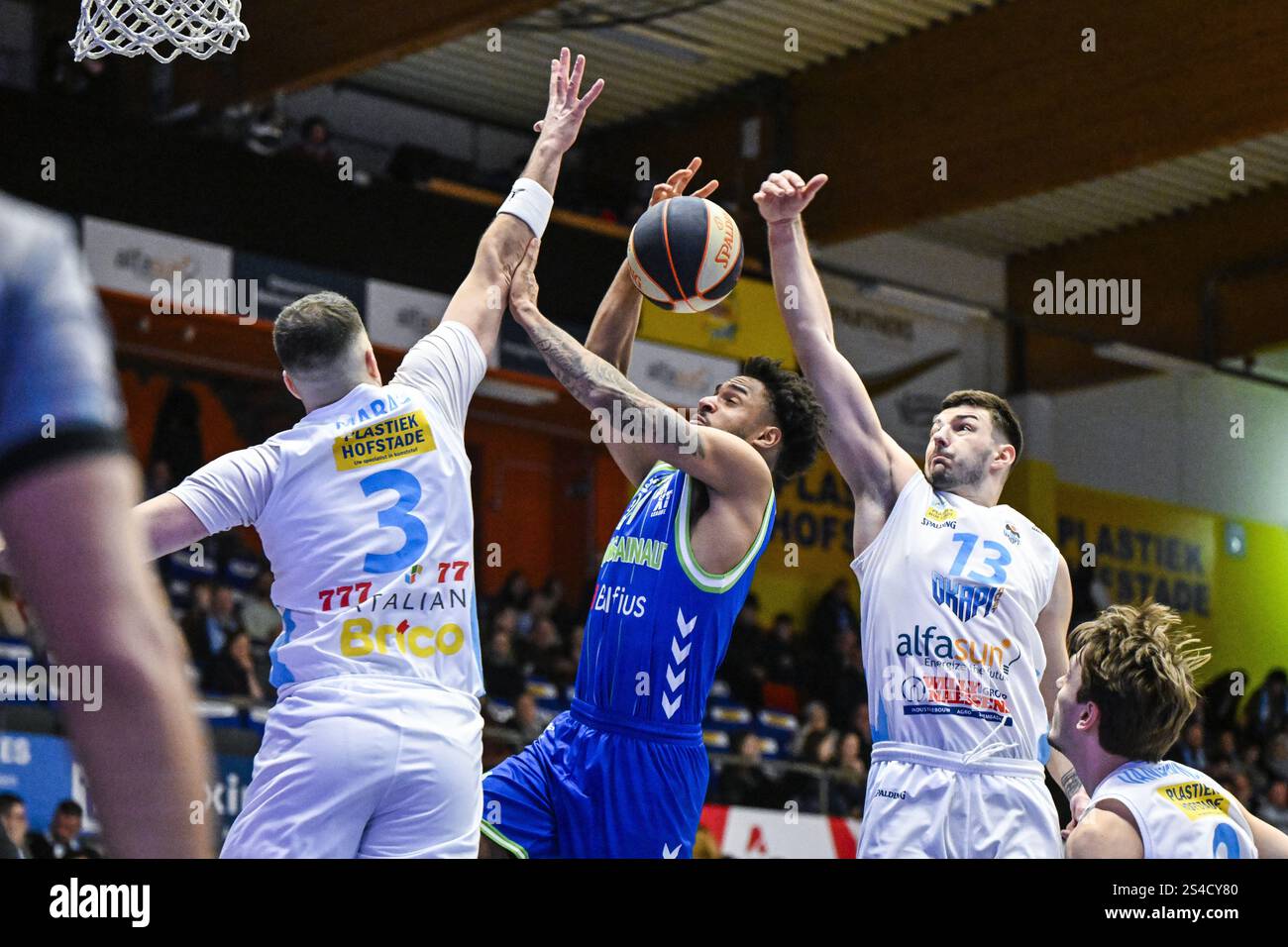 Aalst, Belgium. 11th Jan, 2025. Aalst's Ivan Maras, Mons' Zaccharie ...