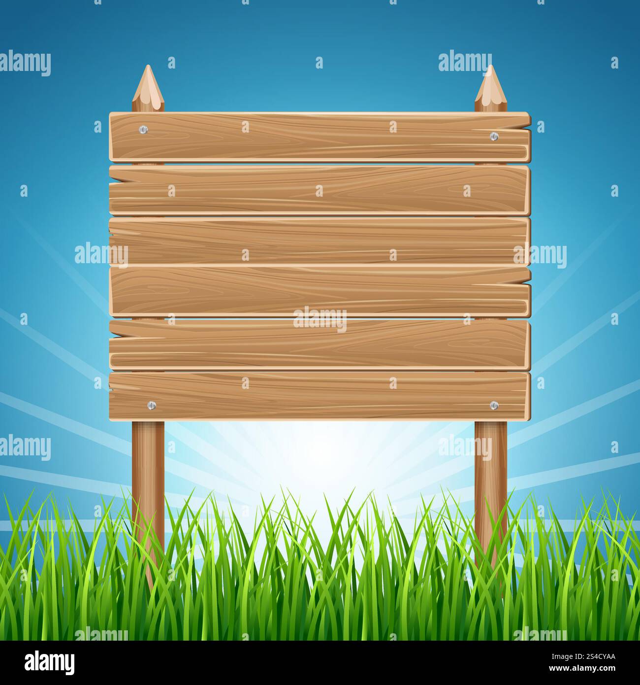 Wooden blank sign board in green grass blue sky. Wood board, vector ...