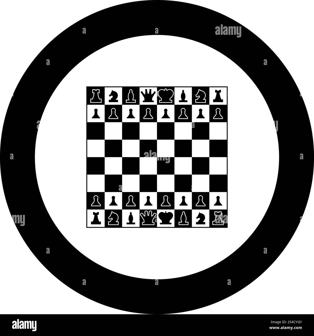 Chessboard and chess pieces line figures icon black color in round ...