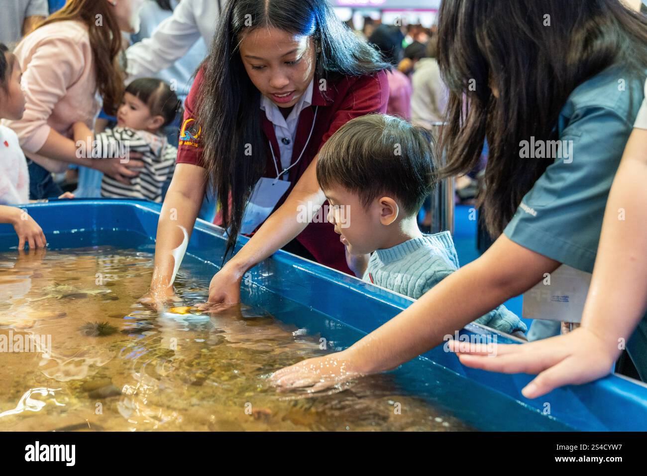 A close-up of a kid and an educator who is showing him a marine animal, during the Thailand ...