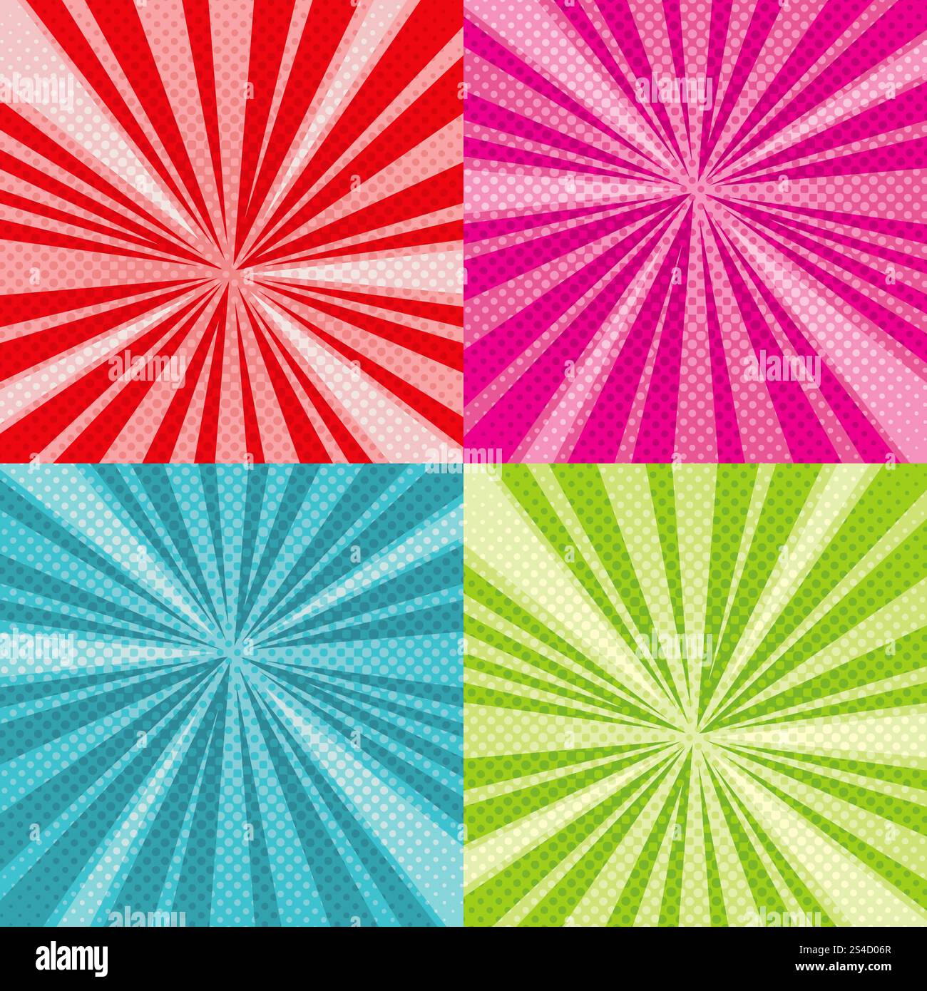 Sunburst rays comic pop art vector backgrounds set with halftone raster ...
