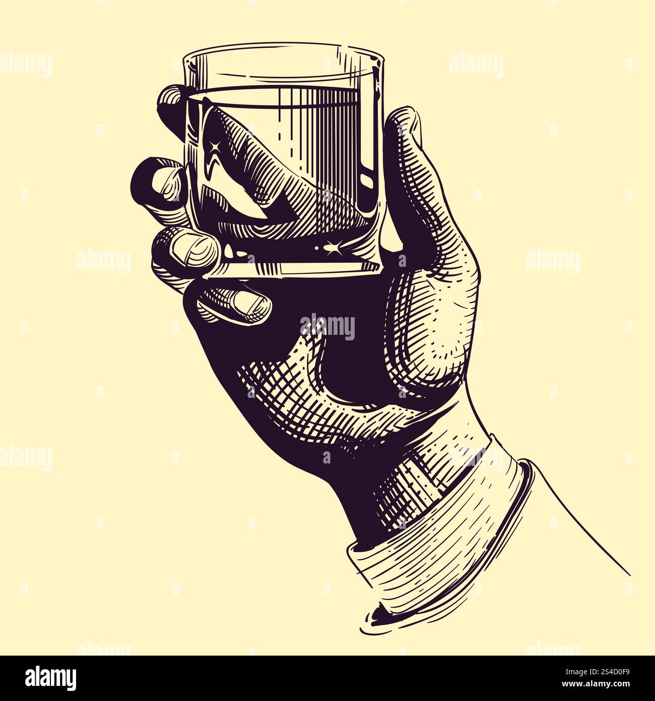 Hand holding glass with strong drink. Vintage hand drawing vector ...