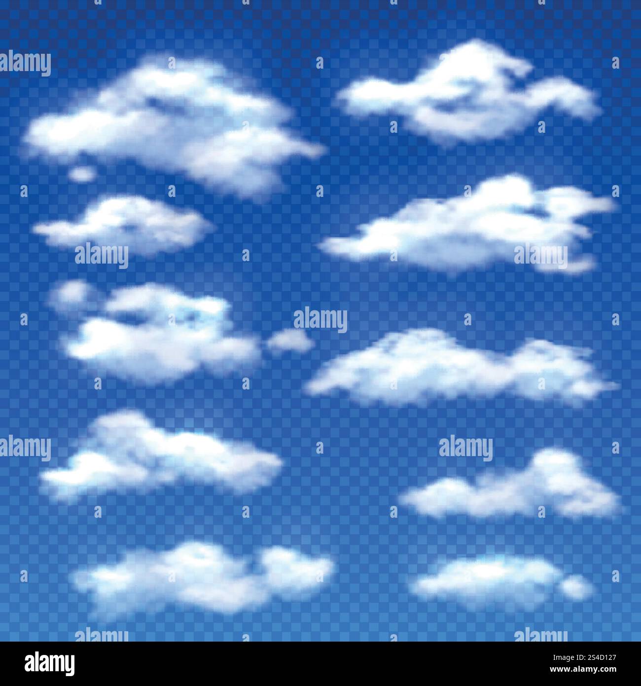 Realistic vector clouds isolated on checkered background. Set of clouds in blue sky, weather ...