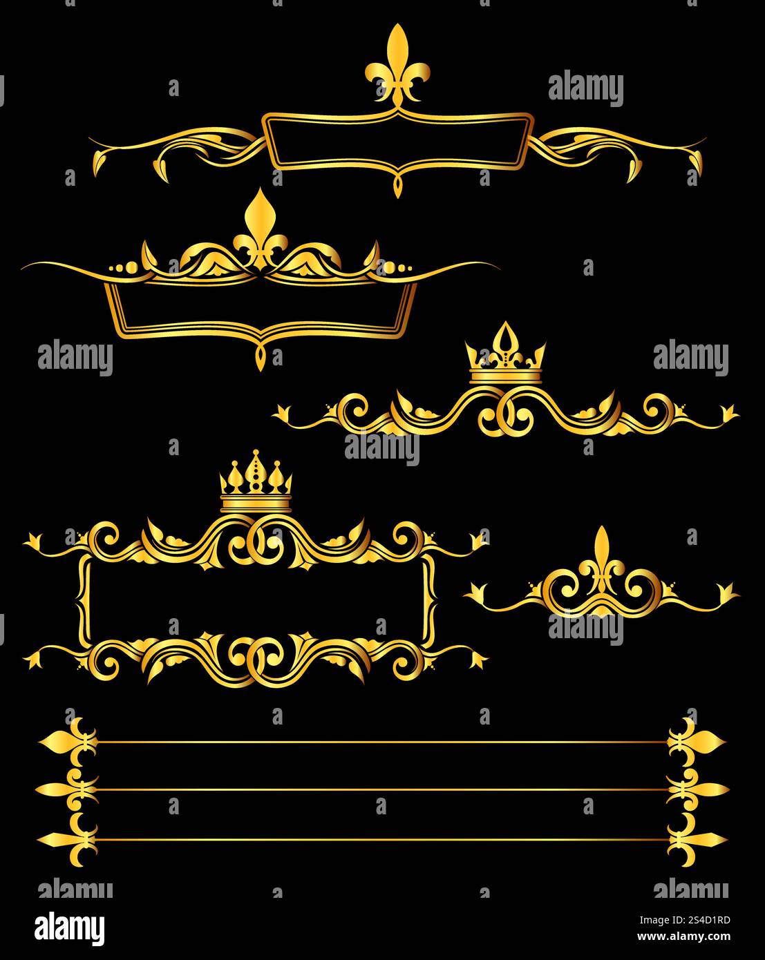 Set of golden royal frames and borders black background. Elements ...