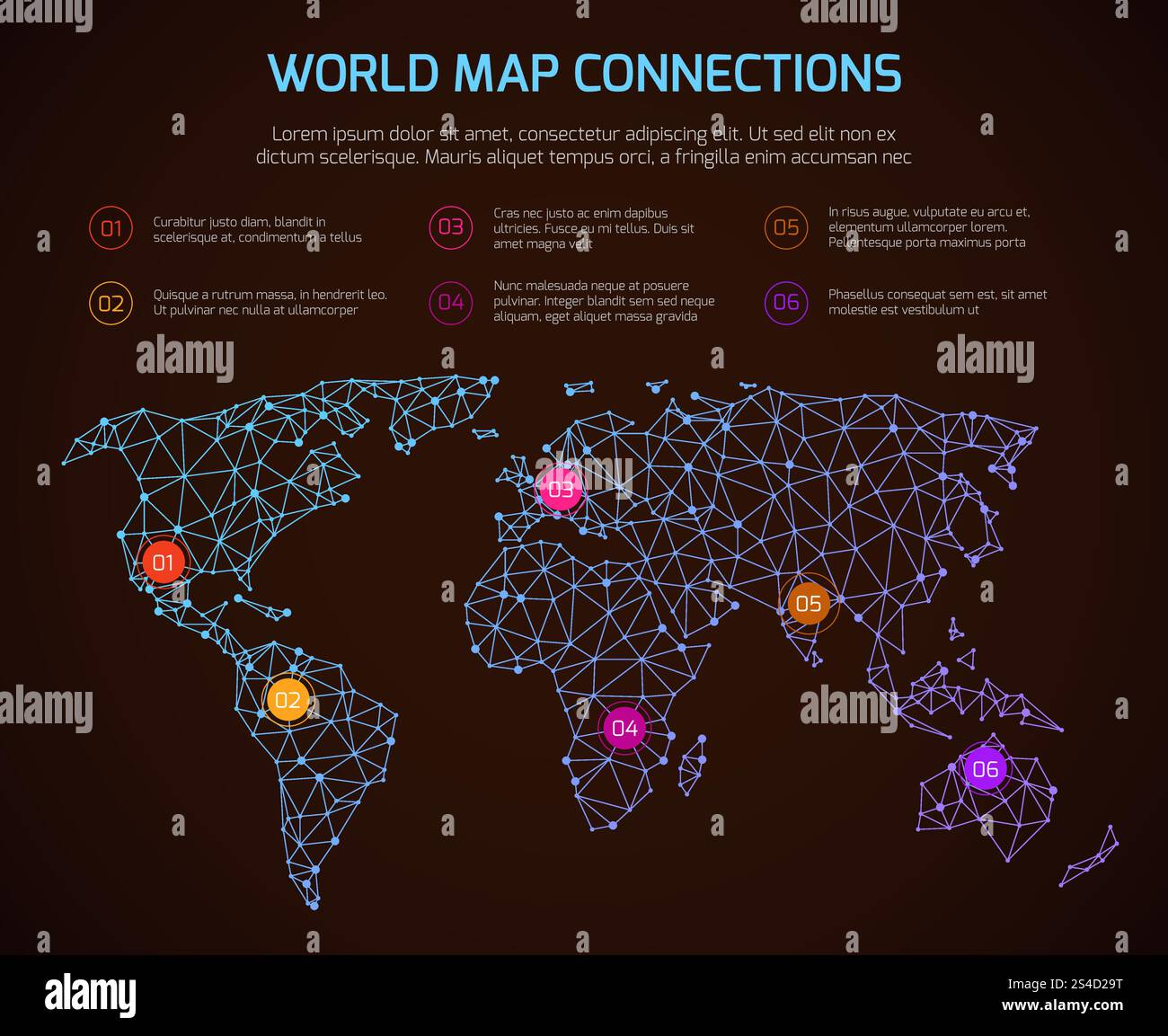 Vector world polygonal map communication infographic template with legend. World linear map ...