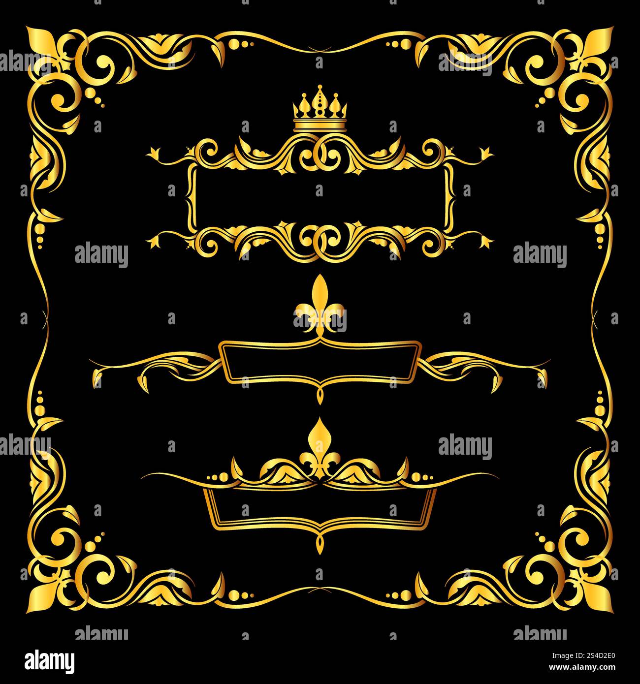 Set of ornate golden royal frames black background. Ornamental vintage ...