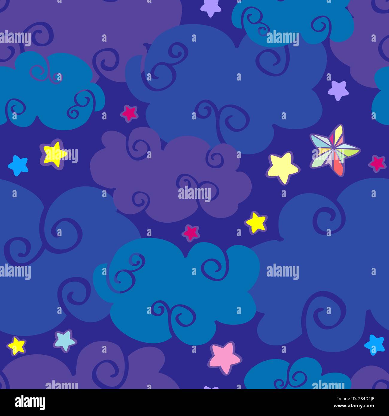 Vector cartoon clouds and stars nighttime seamless pattern. Wallpaper ...