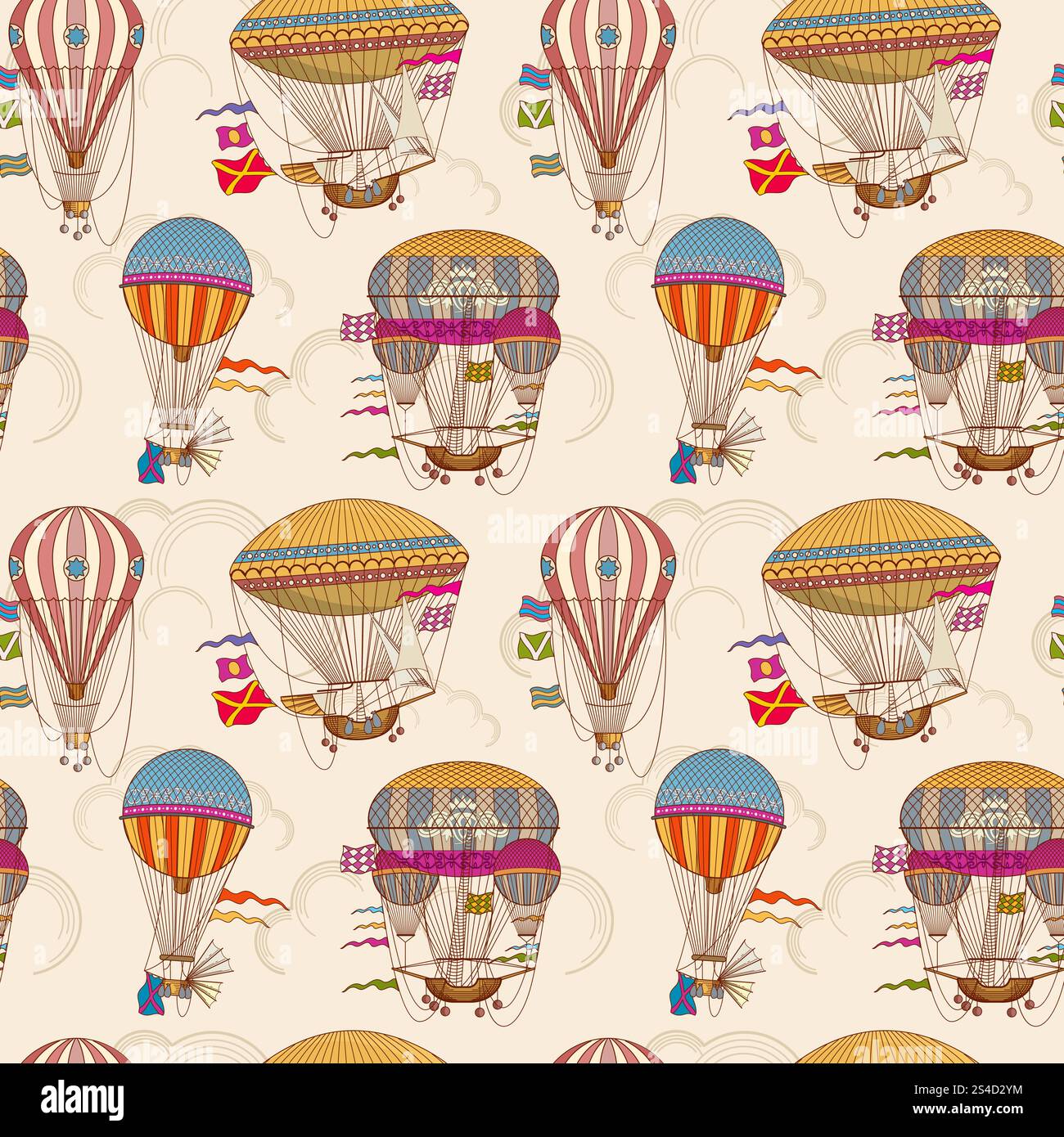 Retro air hot balloons seamless childrens vector background. Color ...