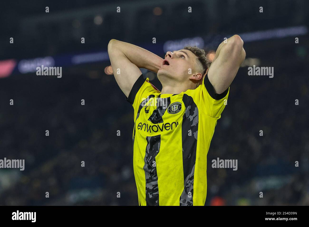 Leeds, UK. 11th Jan, 2025. Toby Sims of Harrogate Town reacts to a ...