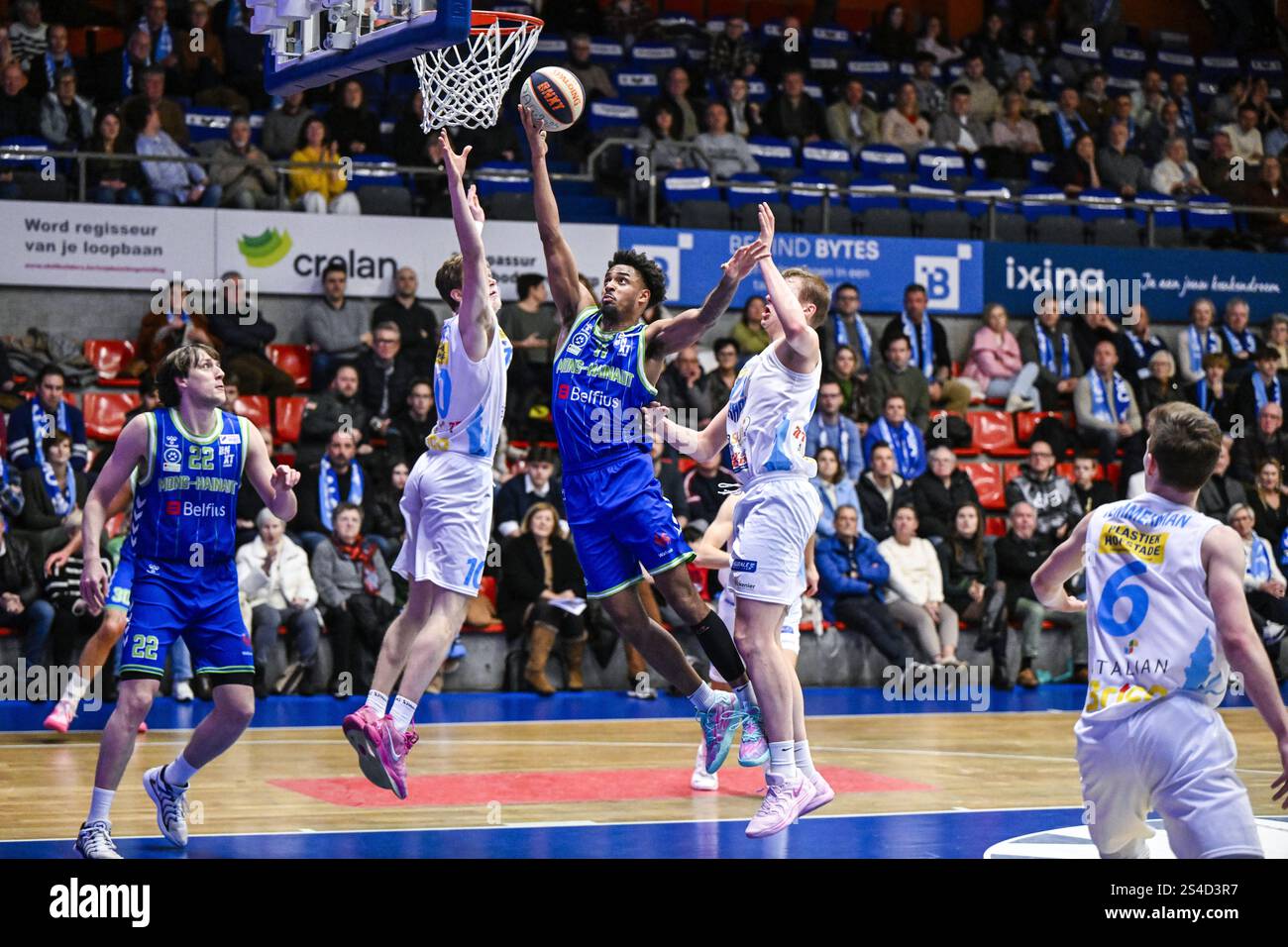 Aalst, Belgium. 11th Jan, 2025. Aalst's Siebe Ledegen, Mons' Zaccharie ...