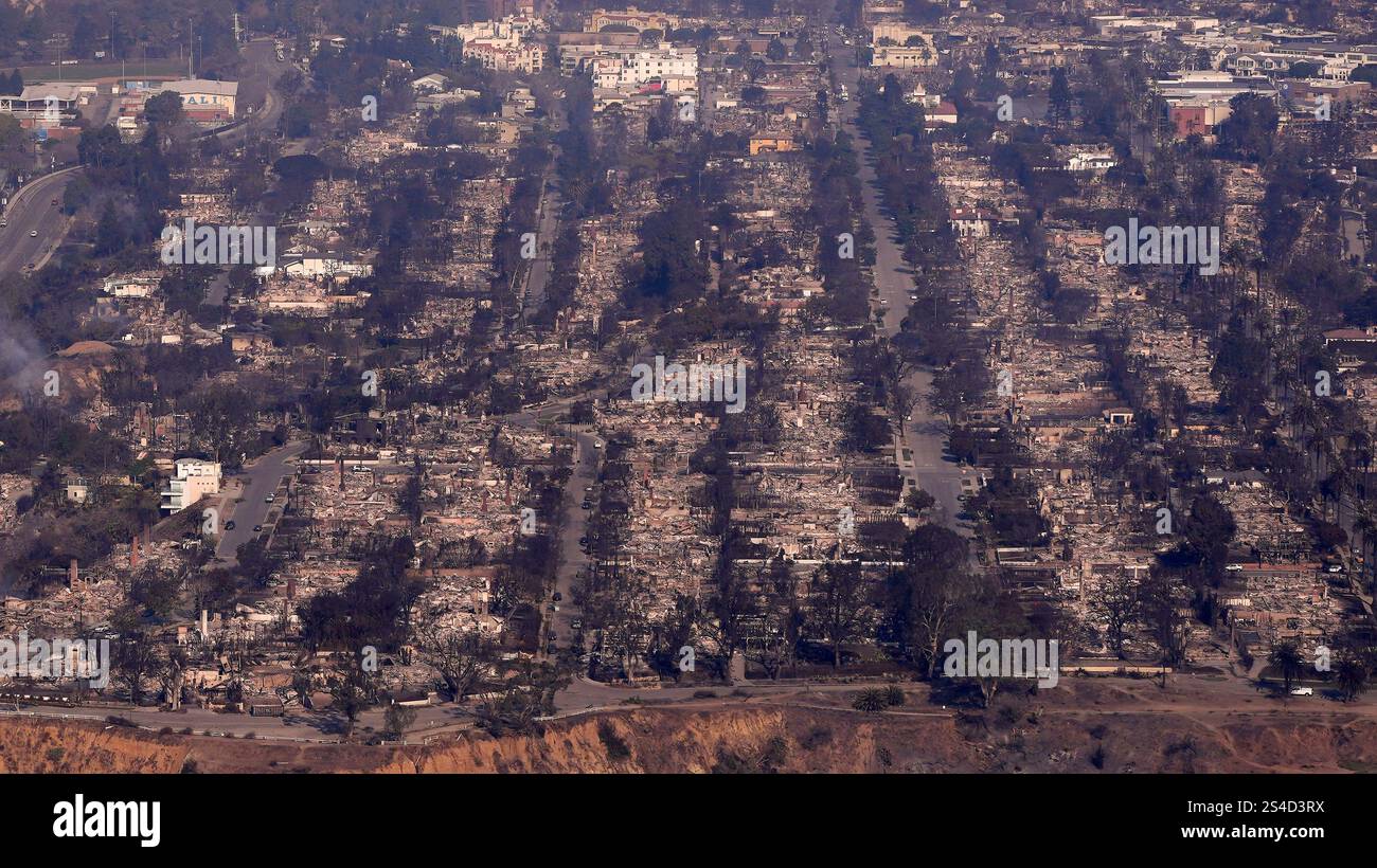 The devastation caused by the Palisades Fire is seen, in an aerial view, in the Pacific ...