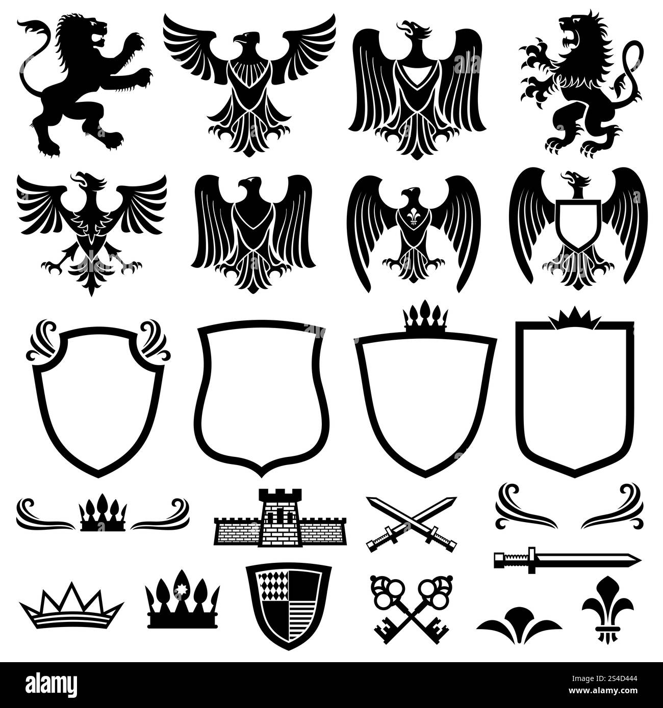 Family coat of arms vector elements for heraldic royal emblems. Crown and shield for royal badge ...