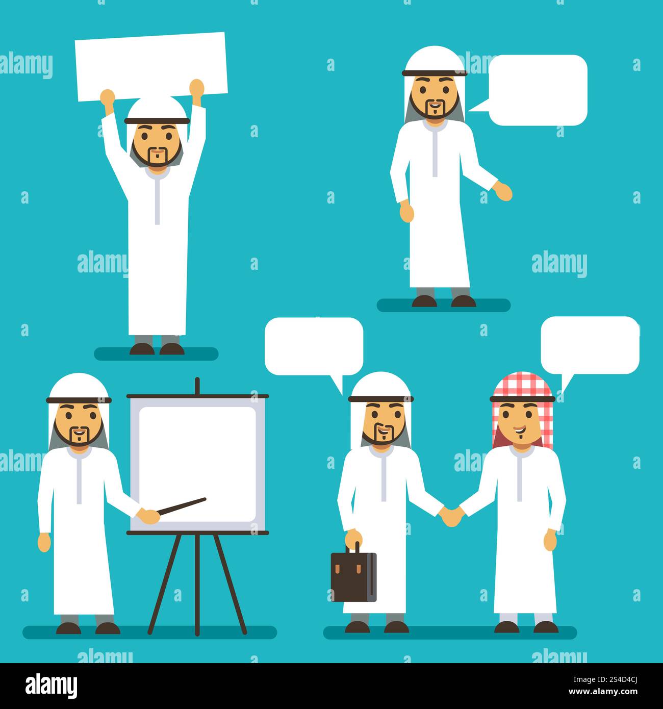 Arab man vector characters with blank banner and speech bubbles. Arabic ...