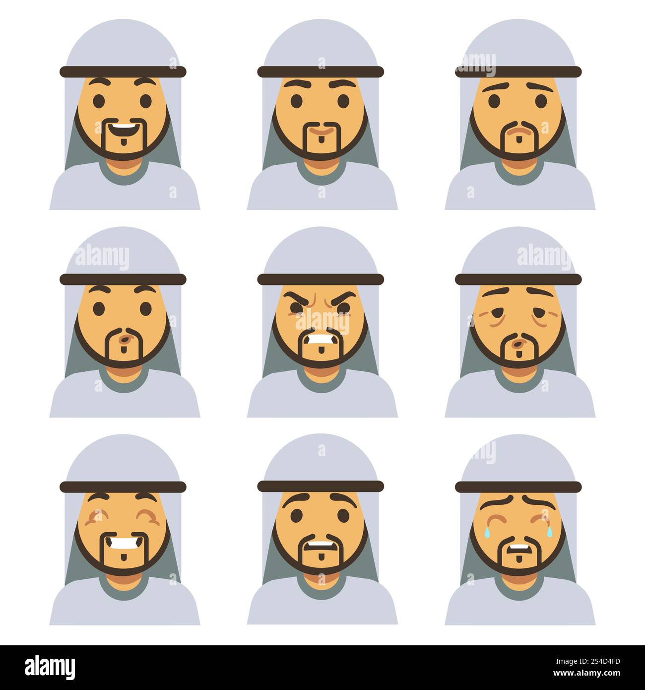 Traditional arab man emotion faces including smiling, sad, winking ...