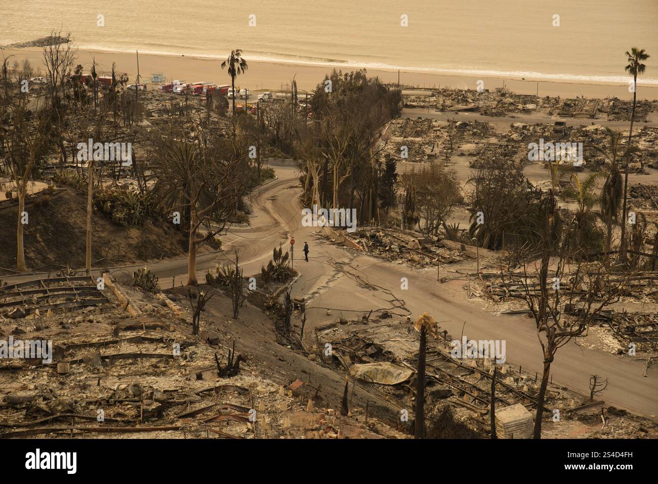 A person walks down a street in the aftermath of the Palisades Fire in ...
