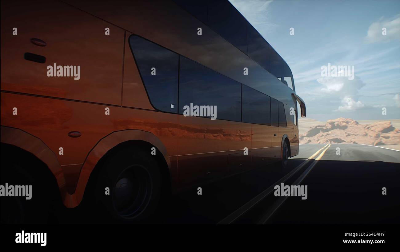 Touristic bus very fast driving on desert highway. Tourism, travel ...