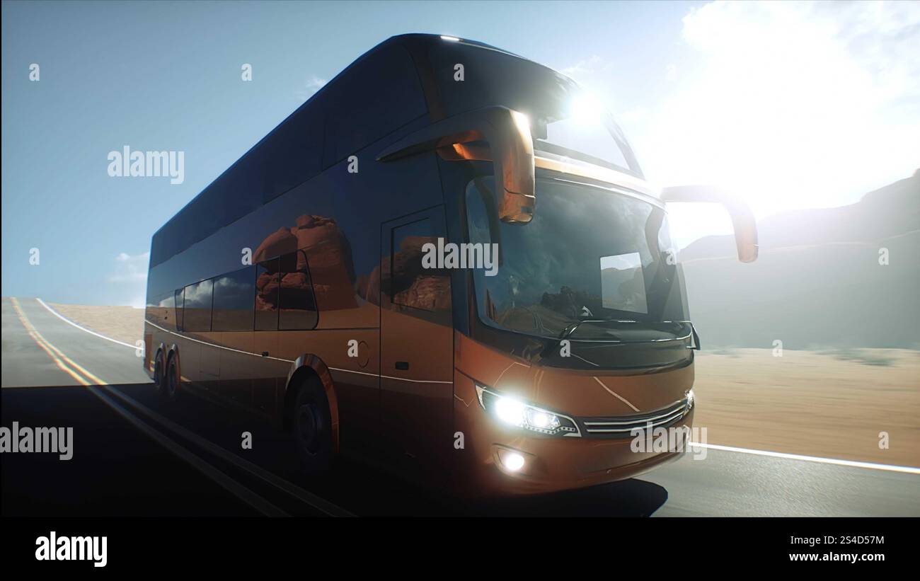 Touristic bus very fast driving on desert highway. Tourism, travel ...