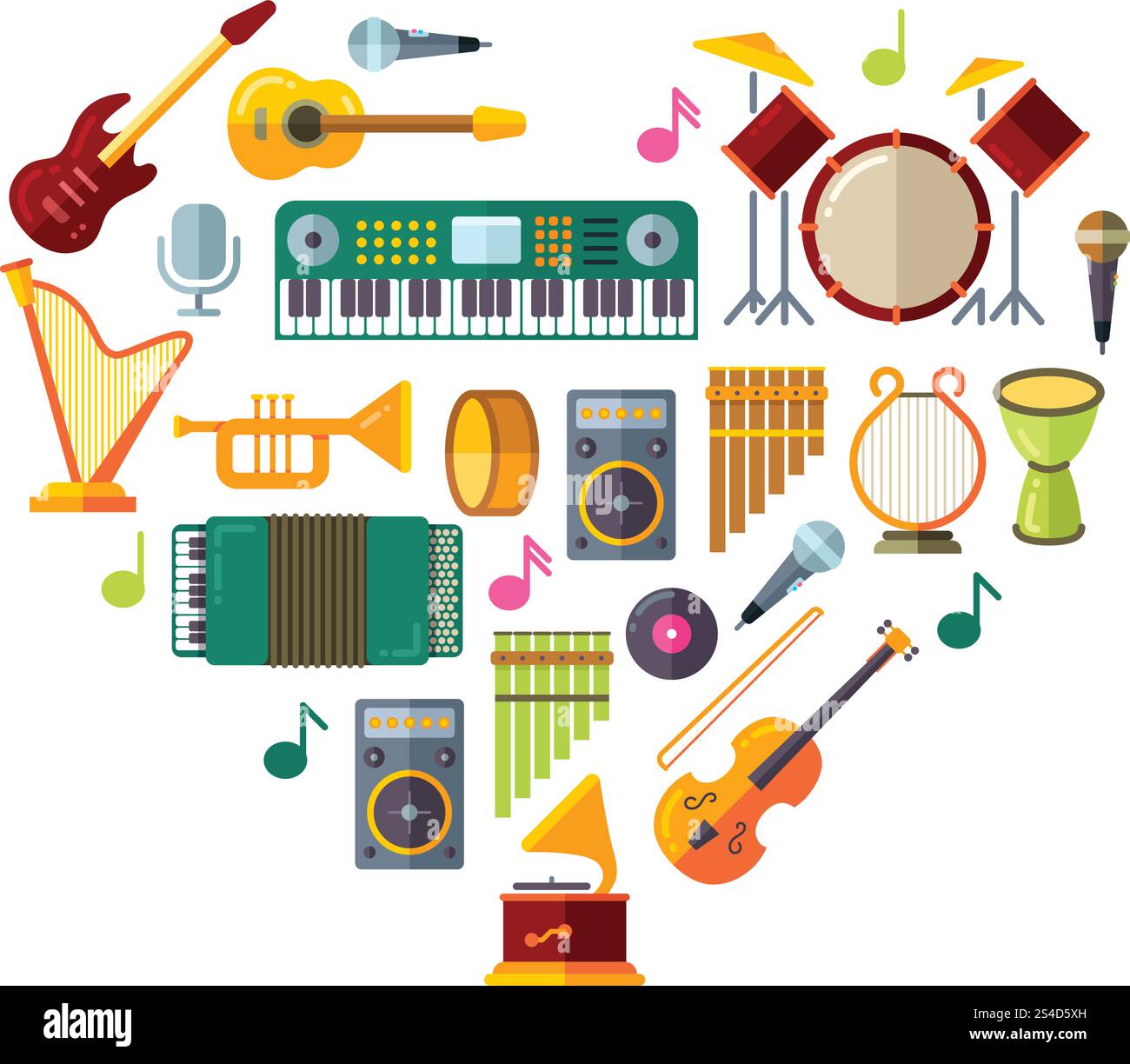 Jazz festival vector poster with music instruments in heart shape ...