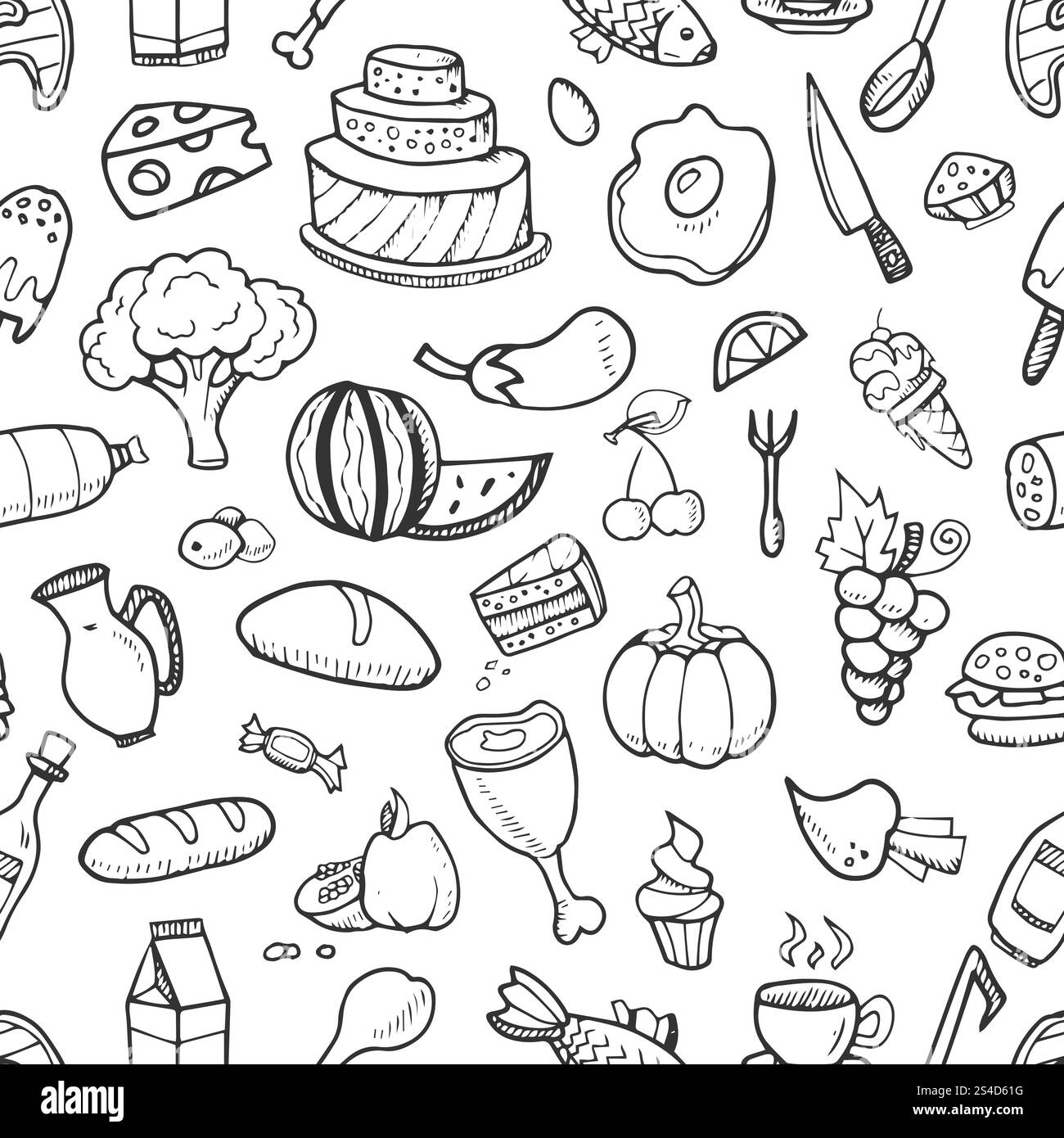 Doodle food ingredients, drinks and vegetables seamless pattern for ...