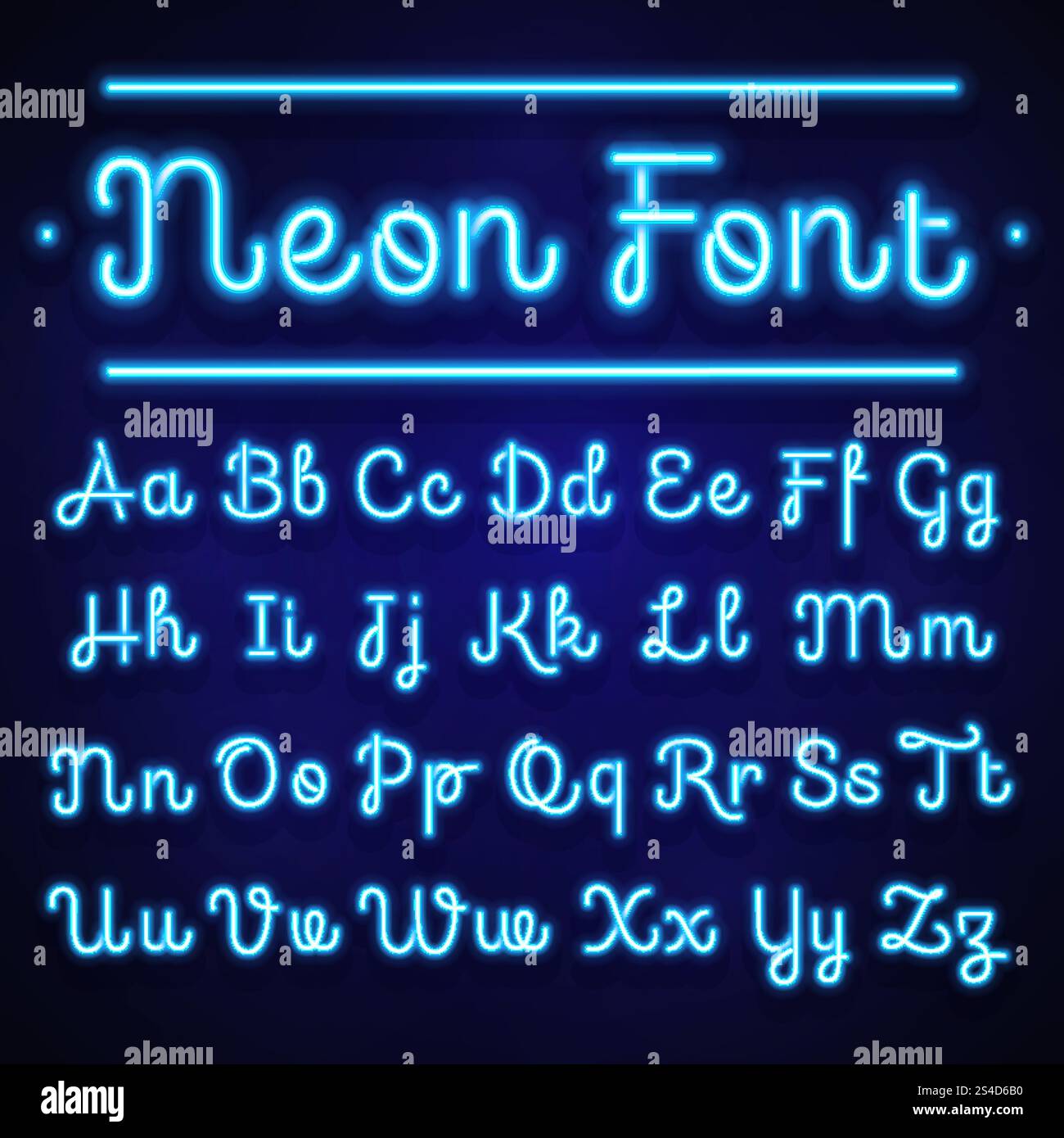 Glowing neon calligraphic letters on dark. Vector alphabet signs. Neon ...