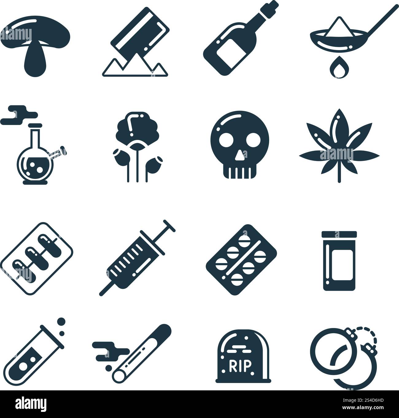Drugs, alcohol, pills, tablet, narcotic abuse vector icons. Cocaine and ...