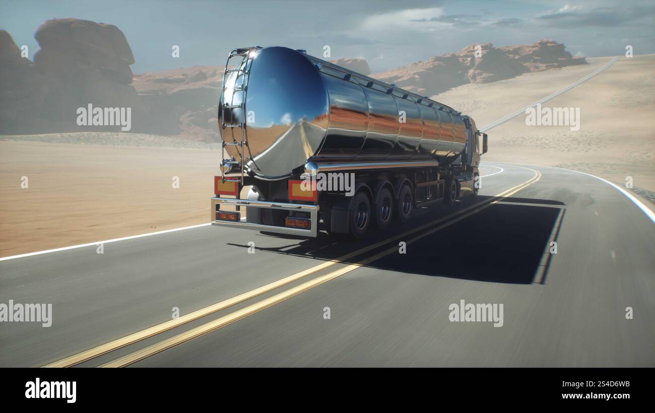 Generic 3d model of gasoline truck very fast driving on desert highway ...