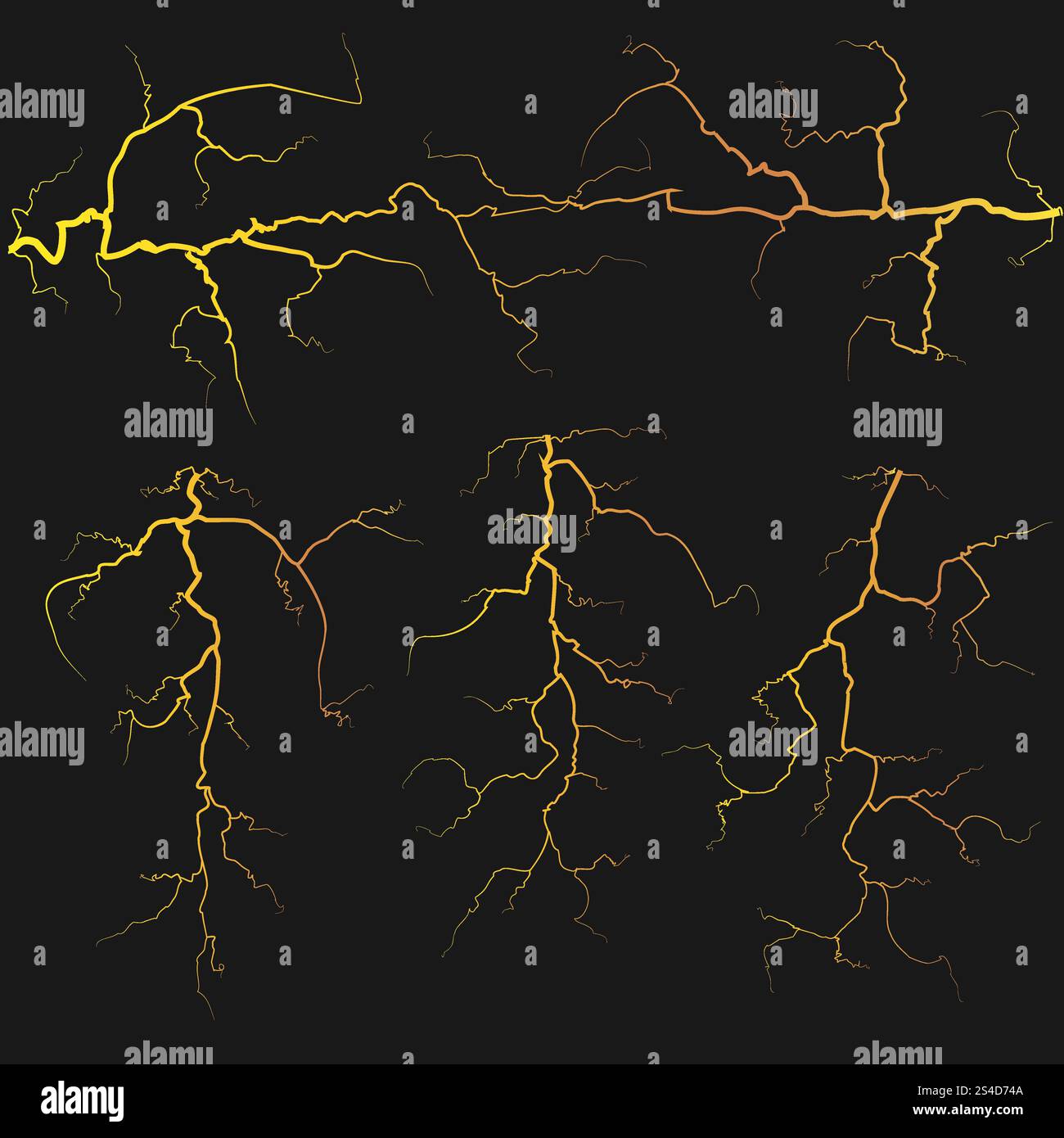 Vector yellow lightnings over black background. Electricity element weather illustration. Vector ...
