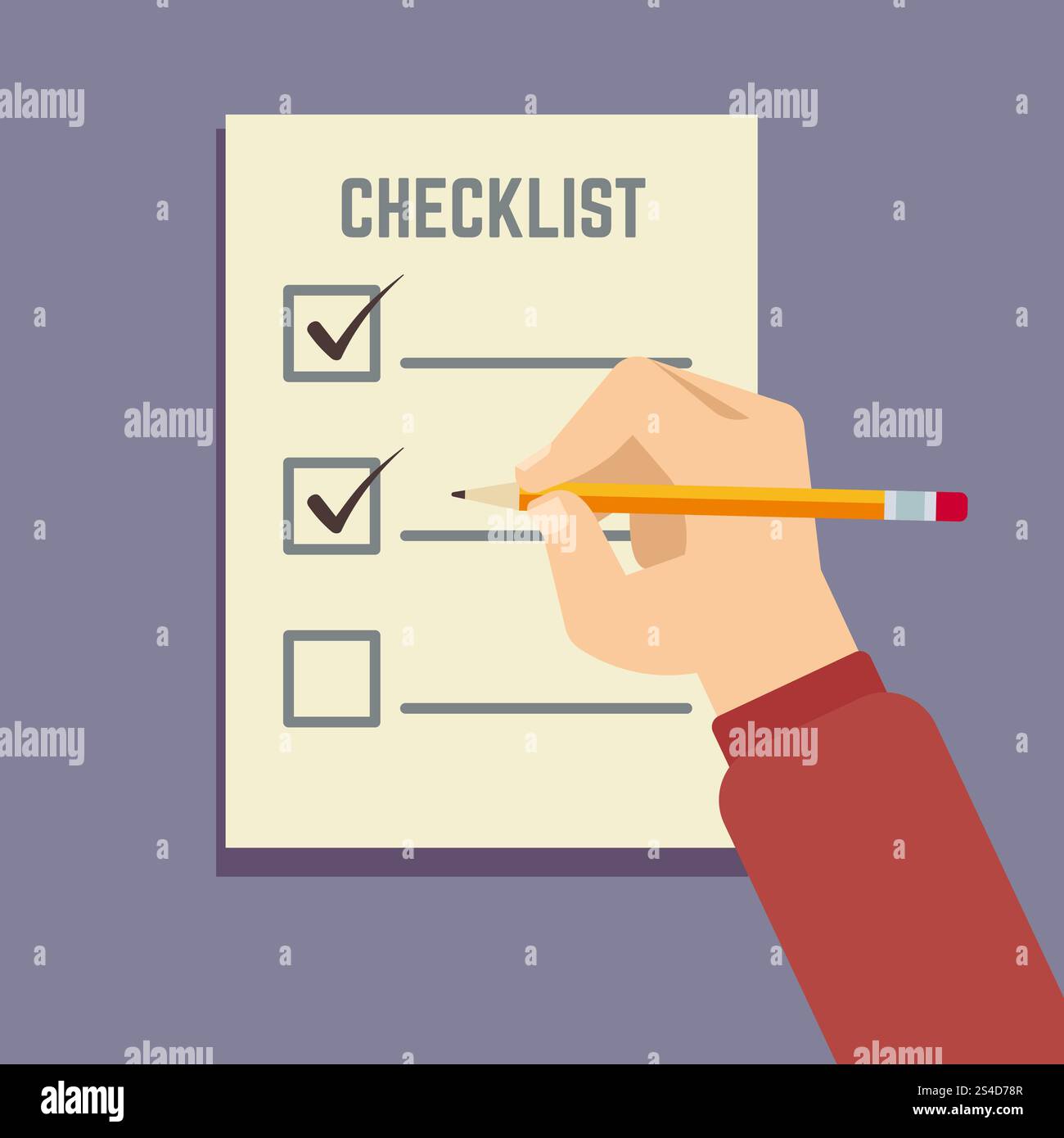Hand holding pencil with clipboard checklist flat vector illustration ...
