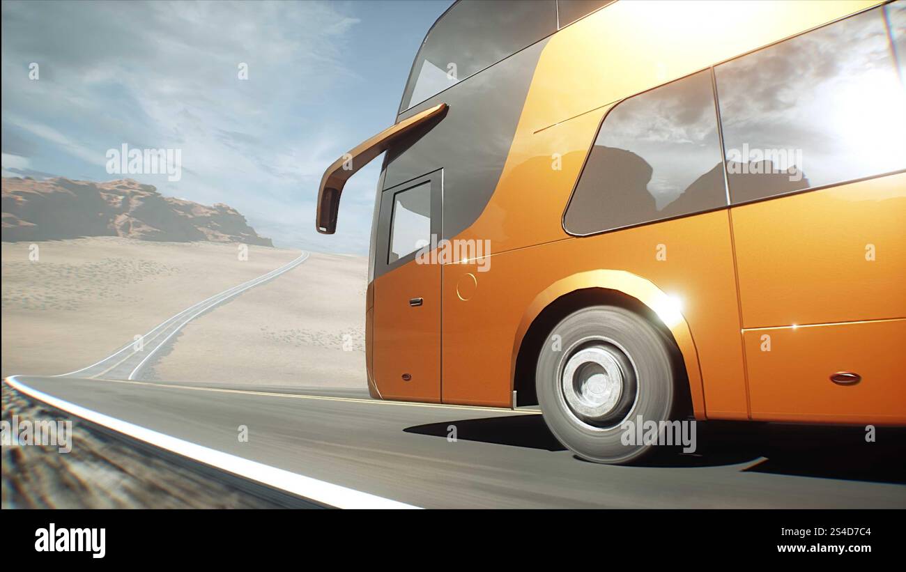 Touristic bus very fast driving on desert highway. Tourism, travel ...
