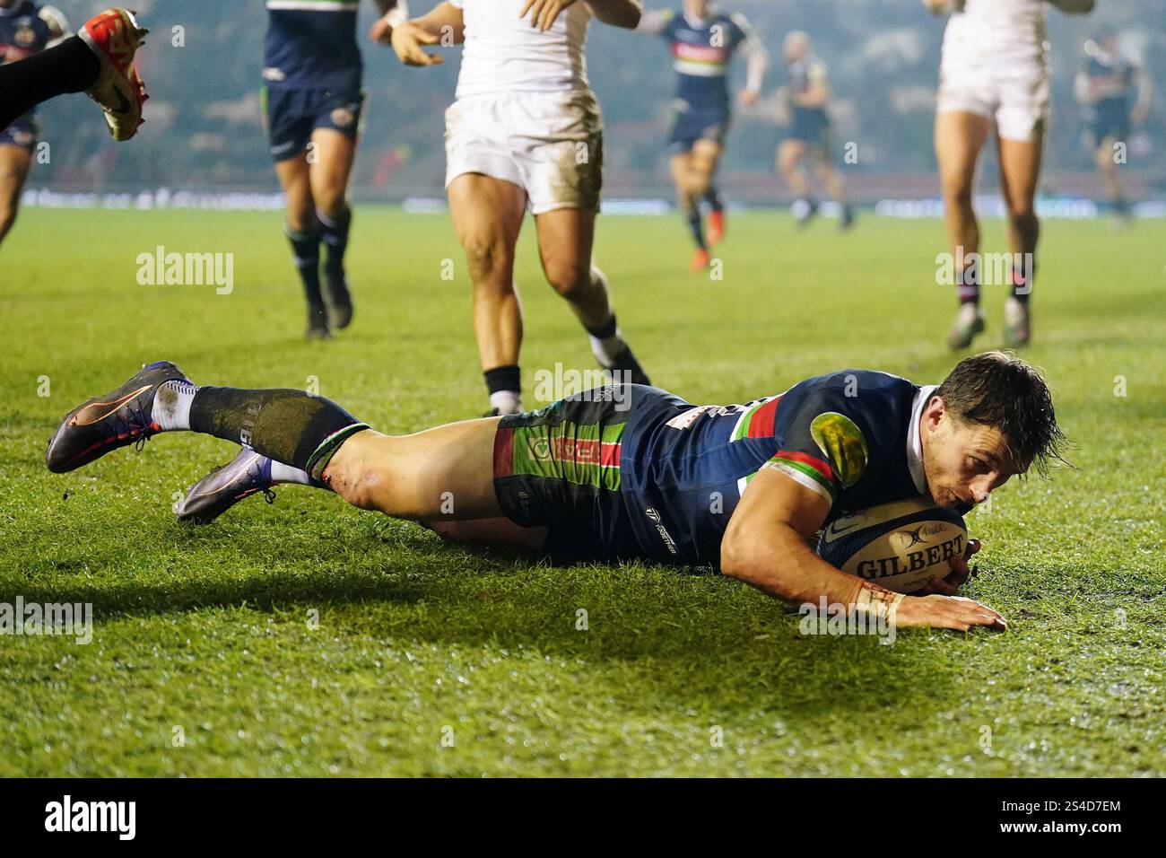 Leicester Tigers' Josh Bassett scores a try during the Investec ...