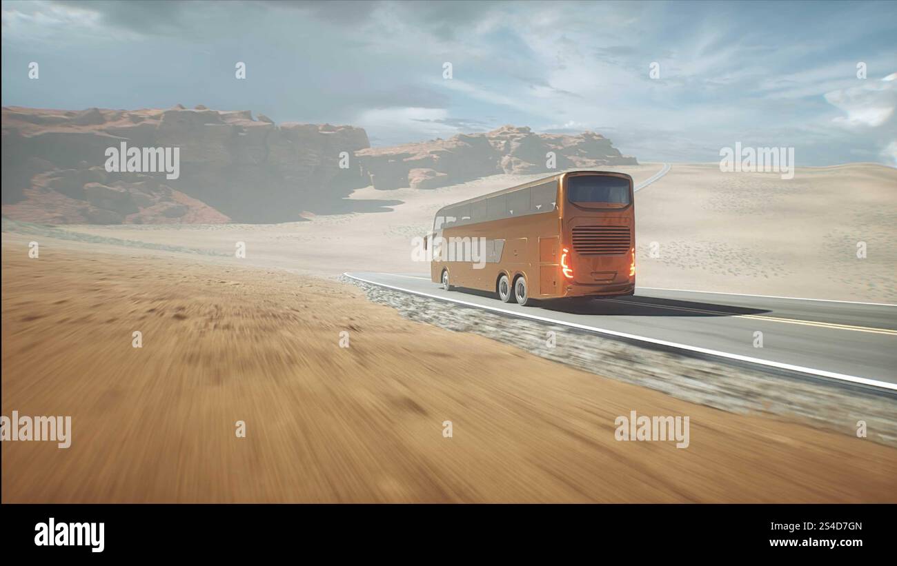 Touristic bus very fast driving on desert highway. Tourism, travel ...