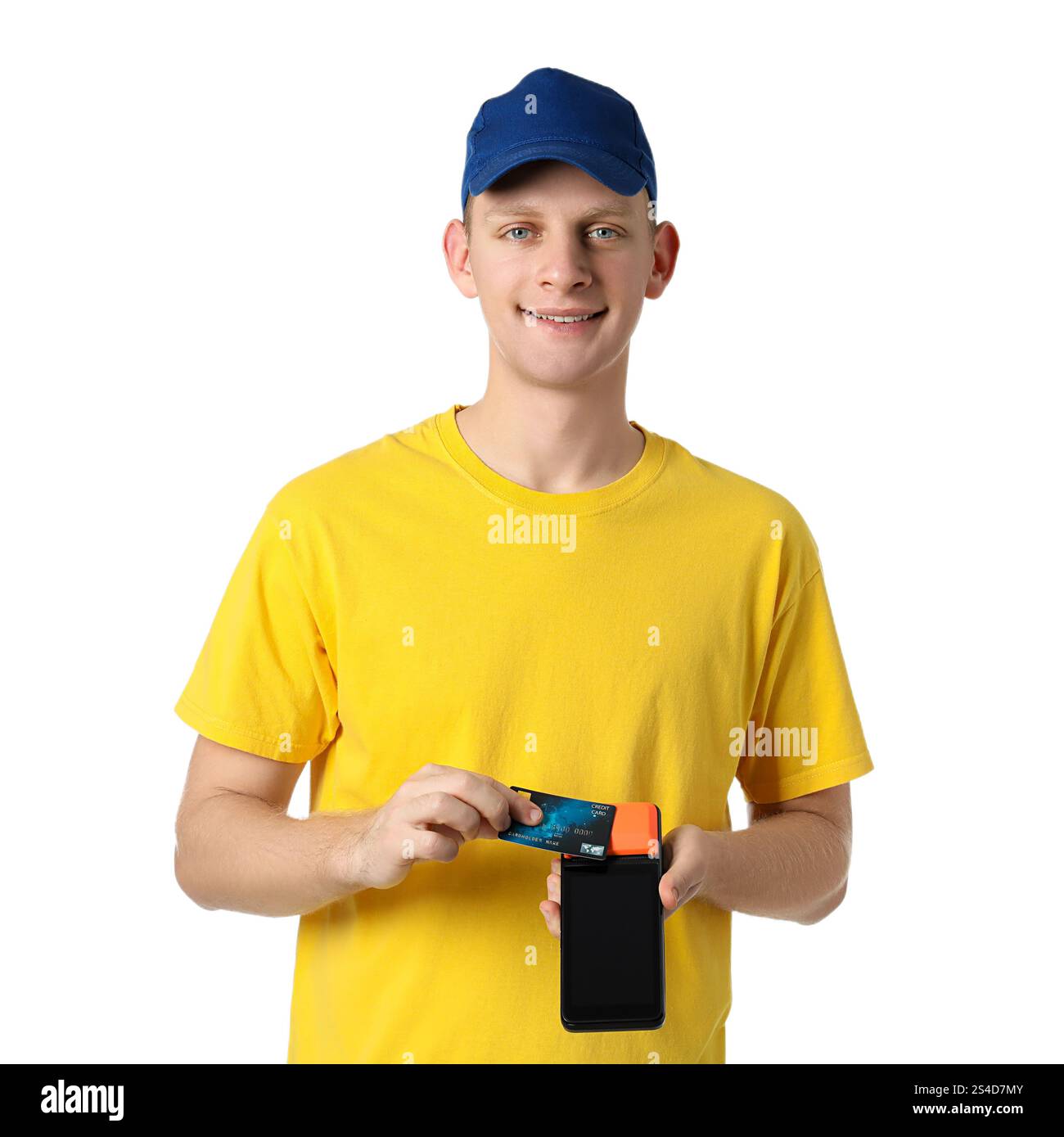Happy courier with payment terminal and debit card on white background ...