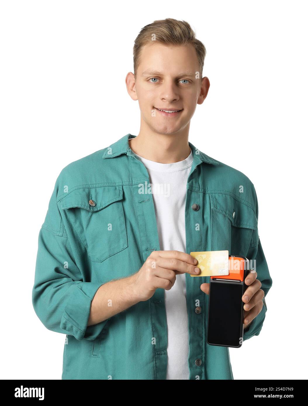 Happy young man with payment terminal and debit card on white ...