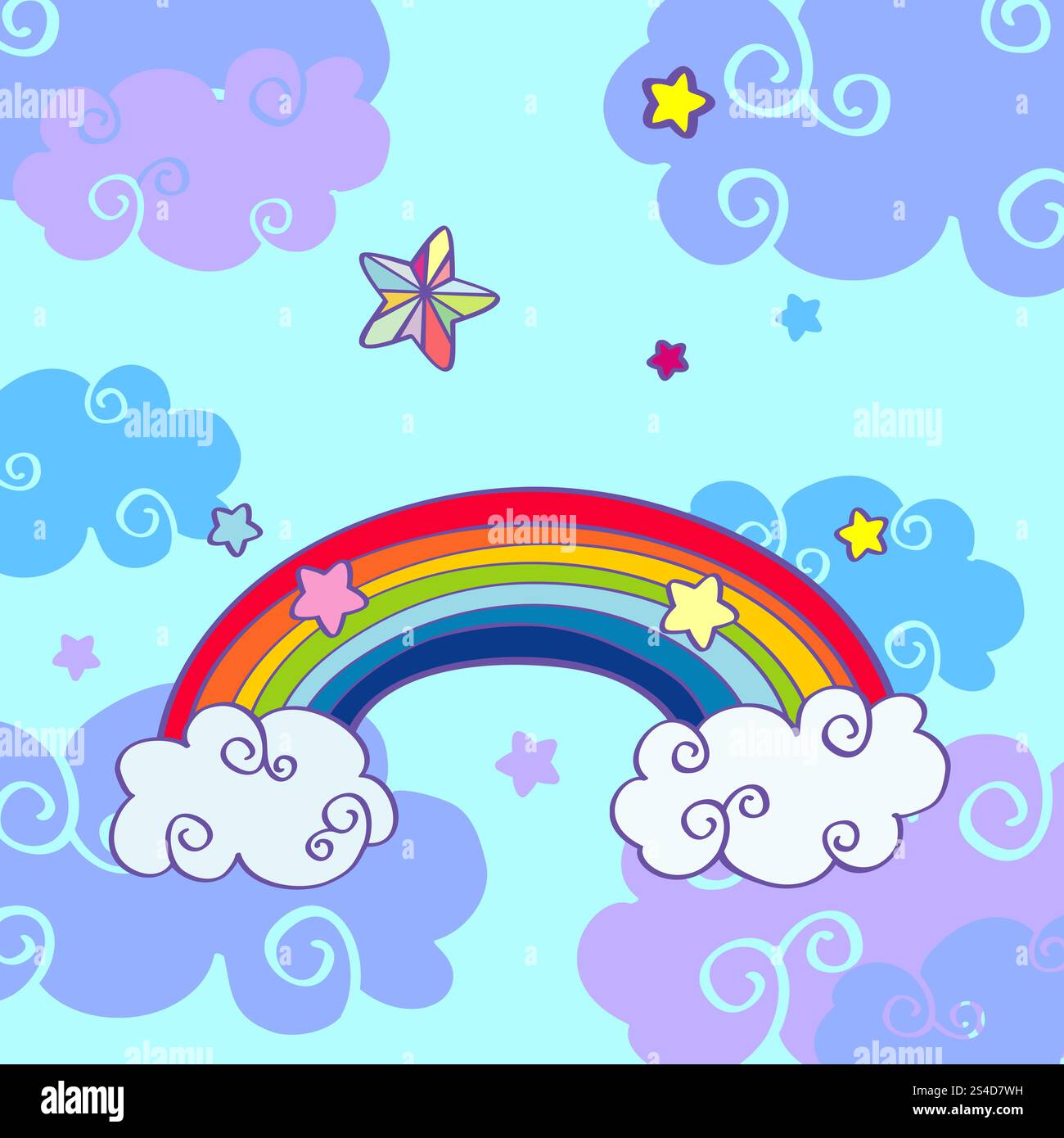 Vector hand drawn cartoon rainbow and clouds. Day with magic clouds illustration. Vector hand ...