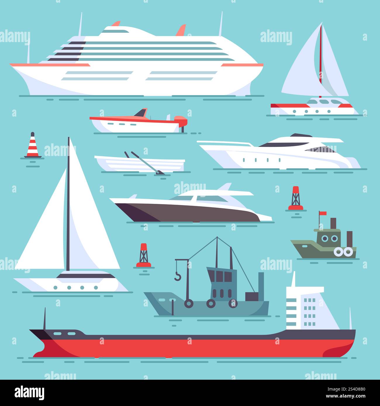 Ships at sea, shipping boats, ocean transport vector icons set. Ocean ...