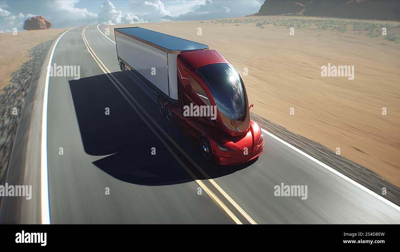 Red futuristic electric truck very fast driving on desert highway ...