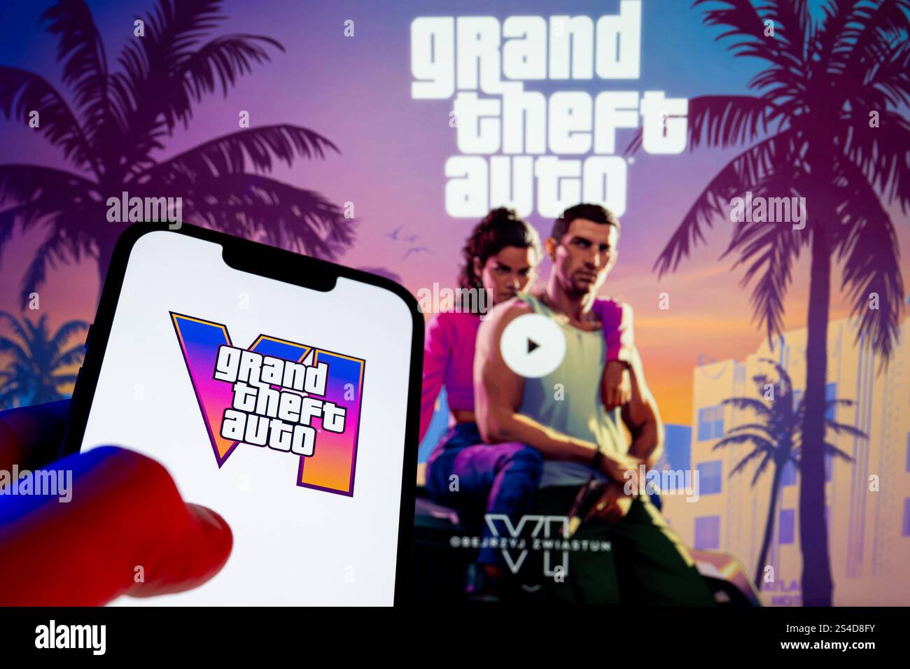 In this photo illustration, a Grand Theft Auto VI logo seen displayed ...