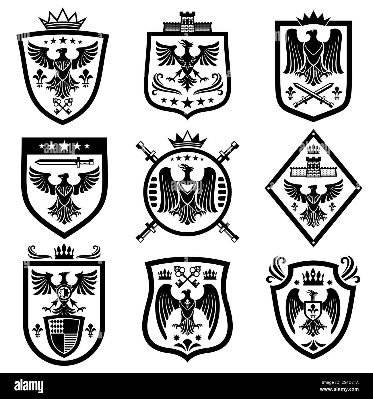 Medieval eagle heraldry coat of arms, emblems, badges. Monochrome ...