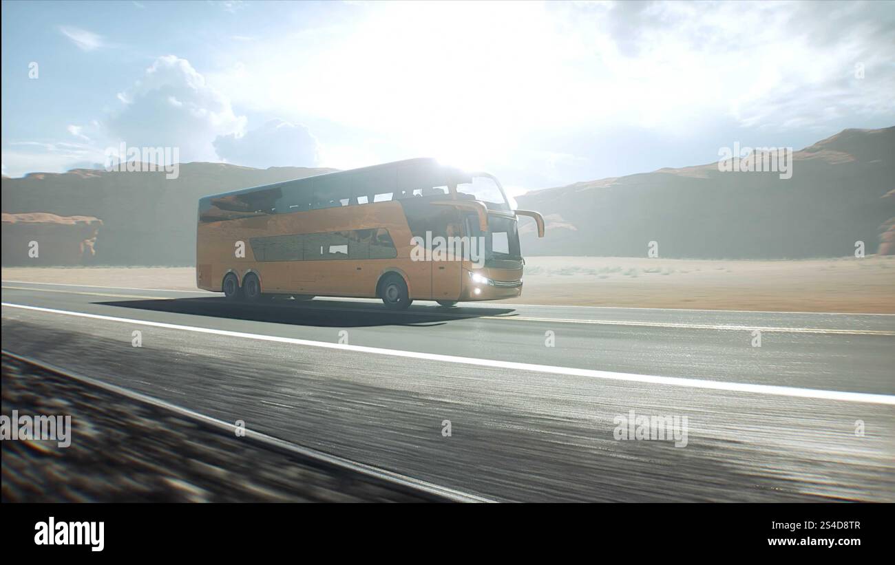 Touristic bus very fast driving on desert highway. Tourism, travel ...